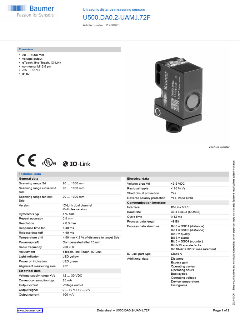Baumer U500.DA0.2-UAMJ.72F EN 20231006 DS | PDF | Electrical Engineering | Electronics