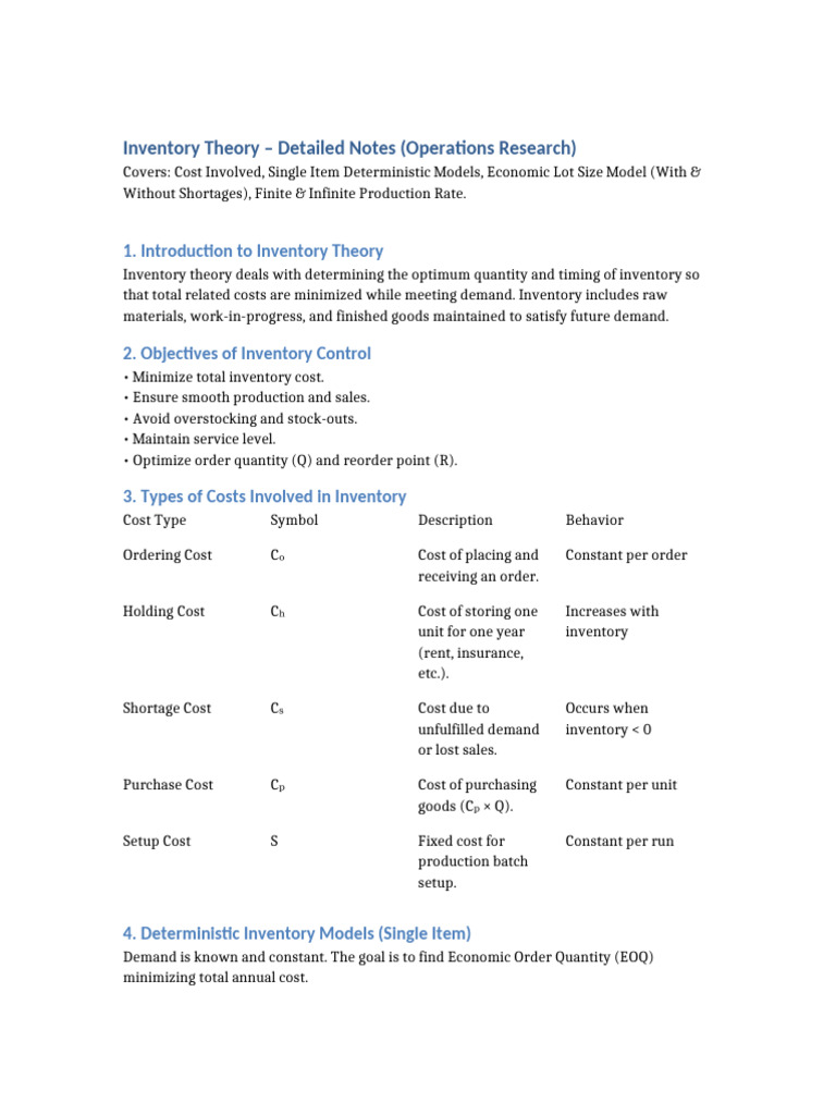 Inventory Theory: Key Models & Costs | PDF | Inventory | Logistics
