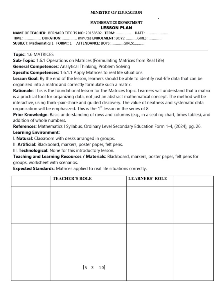Matrices Mathematics 1 Form 1 Lesson Plans | PDF | Matrix (Mathematics) | Multiplication