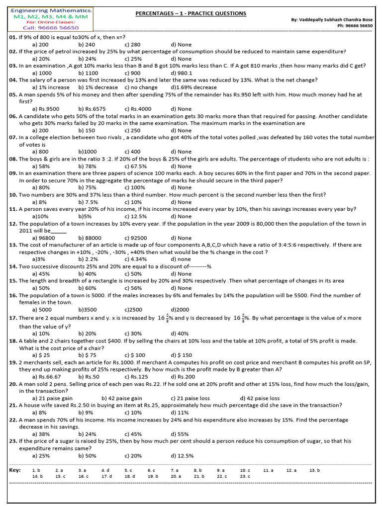 Percentage Practice Questions and Answers | PDF | Percentage | Economies