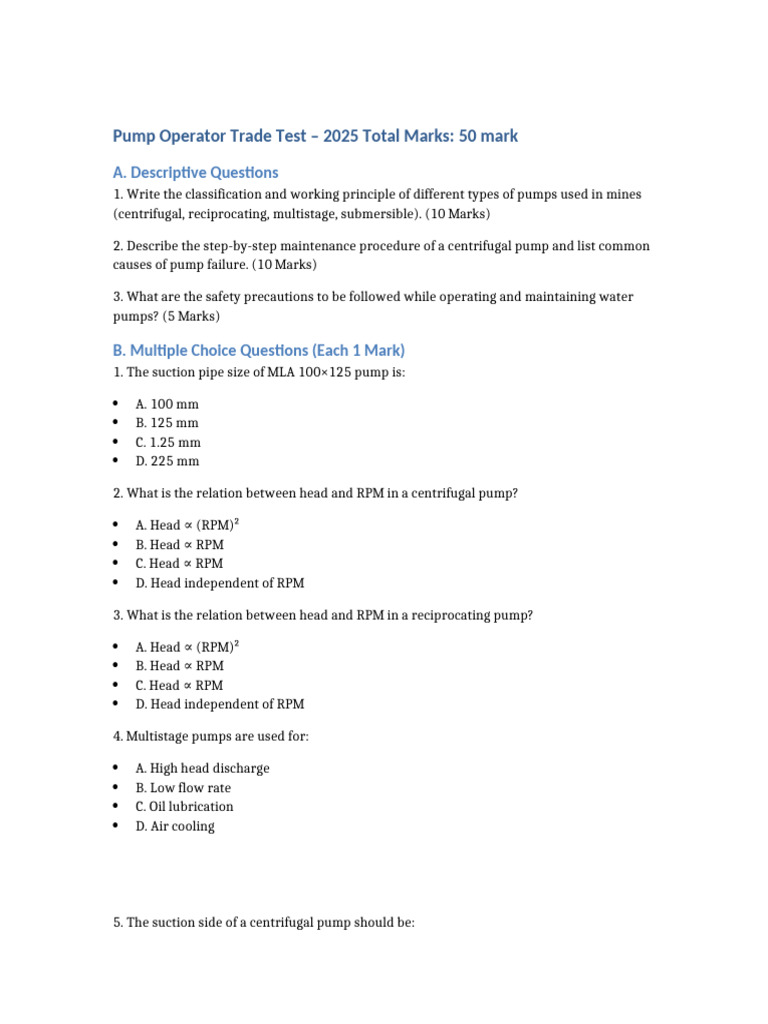 Pump Operator Trade Test 2025 | PDF | Pump | Mechanical Engineering