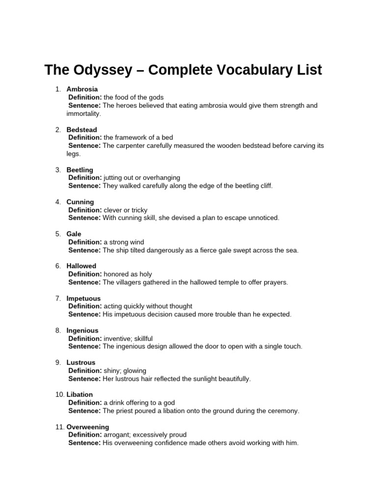 The Odyssey - Complete Vocabulary List | PDF | Anger