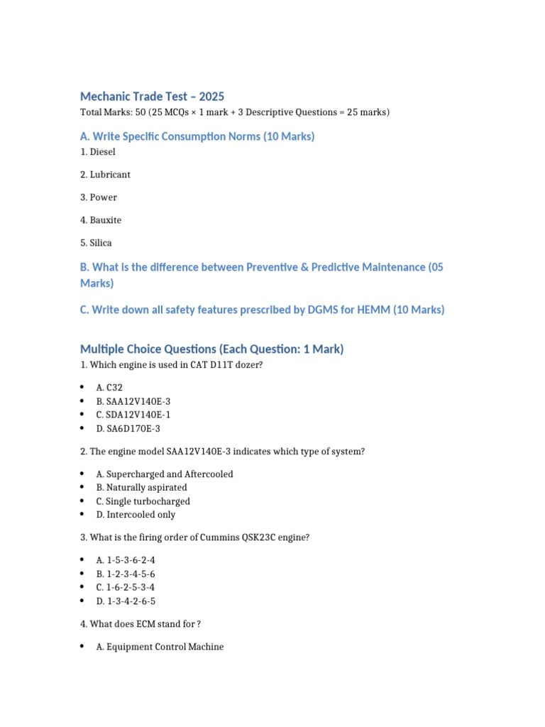 2025 Mechanic Trade Test Overview | PDF | Diesel Engine | Engines