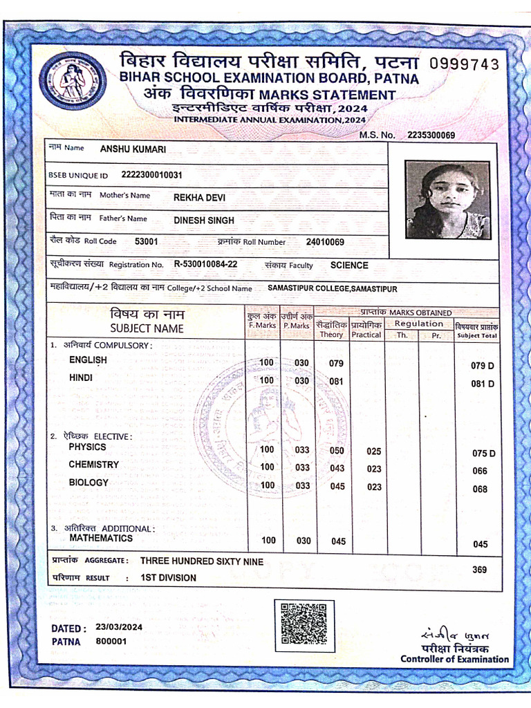 12th Marksheet | PDF