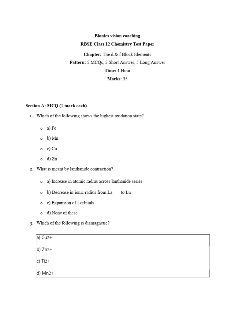 Class 12 Chemistry: d & f Block Elements Test | PDF