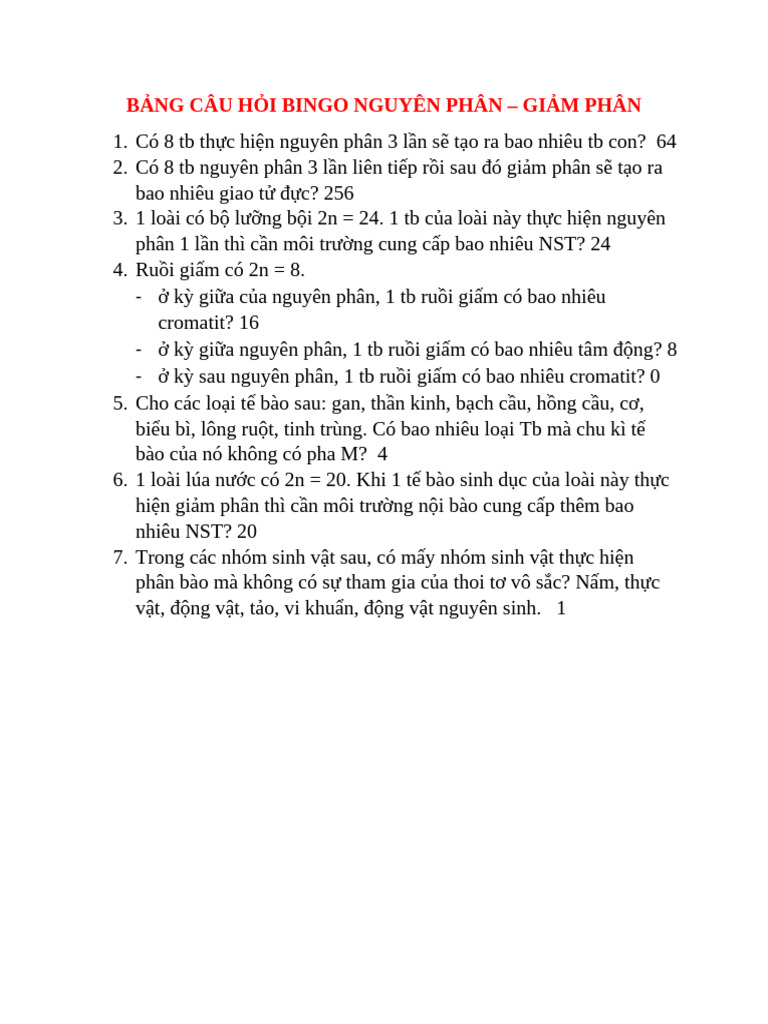 Nguyên Phân Giảm Phân Bingo | PDF