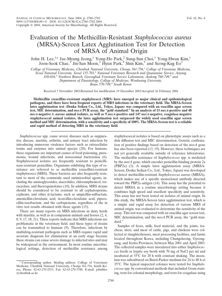 MRSA Detection in Animals: Latex Test Evaluation | PDF | Methicillin ...