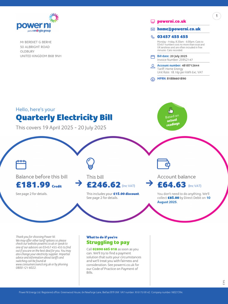 Power NI Quarterly Electricity Bill | PDF | Credit Card | Debits And ...