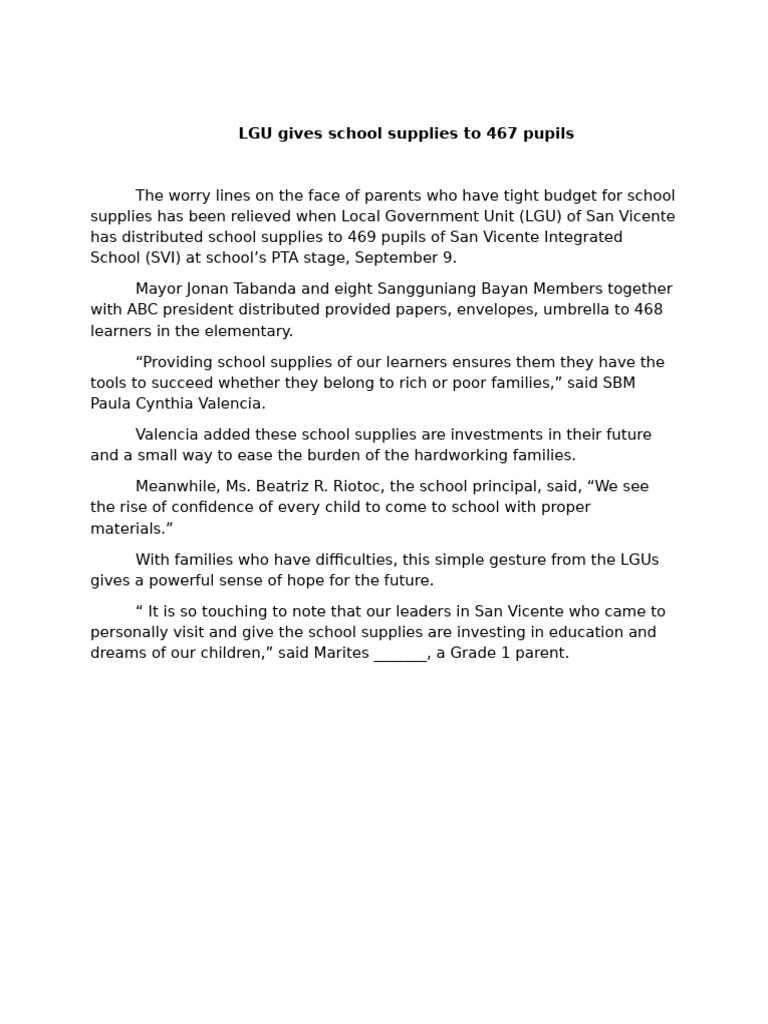 LGU Gives School Supplies To 469 Pupils | PDF