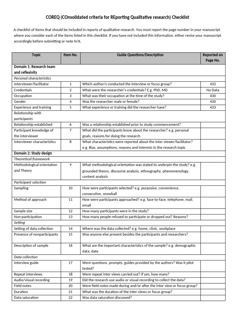 COREQ Checklist for Qualitative Research | PDF | Qualitative Research ...