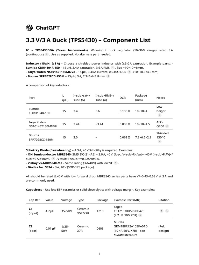 3.3 V - 3 A Buck (TPS5430) - Component List | PDF | Electrical ...
