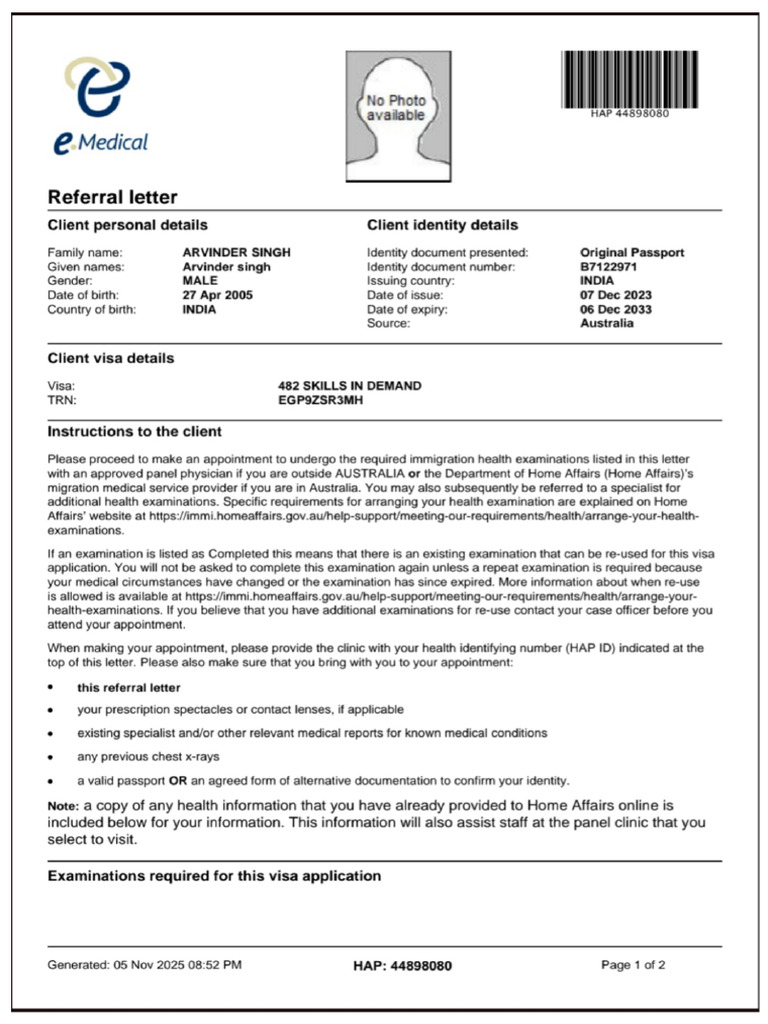 Subclass 482 Health Assessment Certificate | PDF