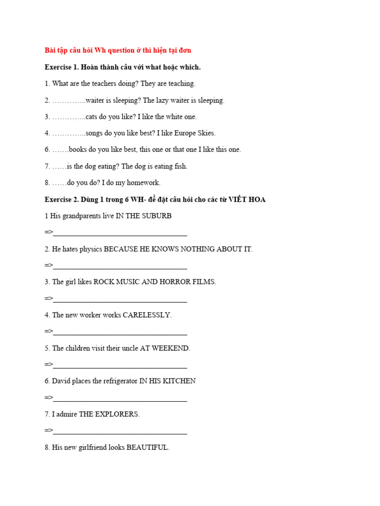 Wh-Questions Exercises in Present Simple | PDF