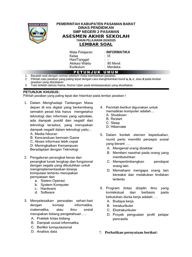 soal UJIAN AKHIR informatika kelas 9 | PDF