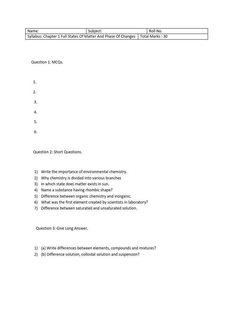 Chemistry Test 1 | PDF