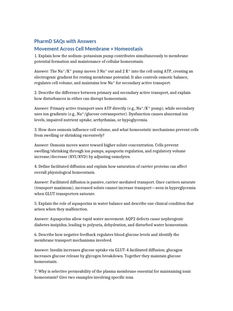 Answers of Today's Test (Self Assessment) | PDF | Homeostasis | Cell ...