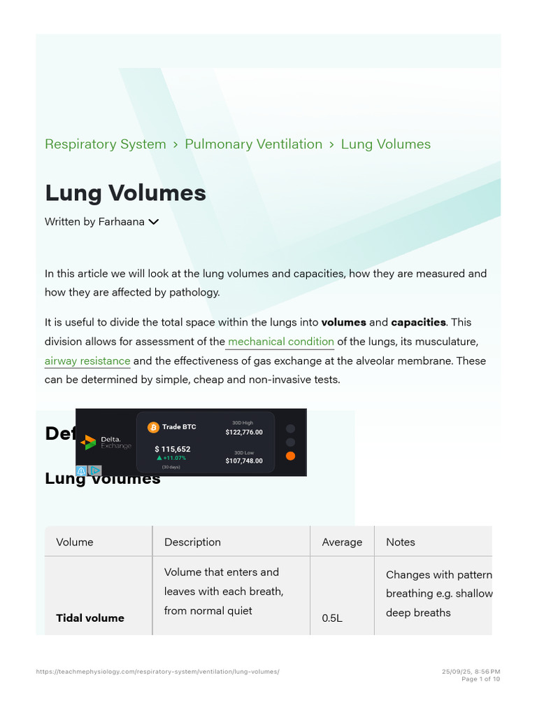 Lung Volumes & Capacities - Respiratory - TeachMePhysiology | PDF ...