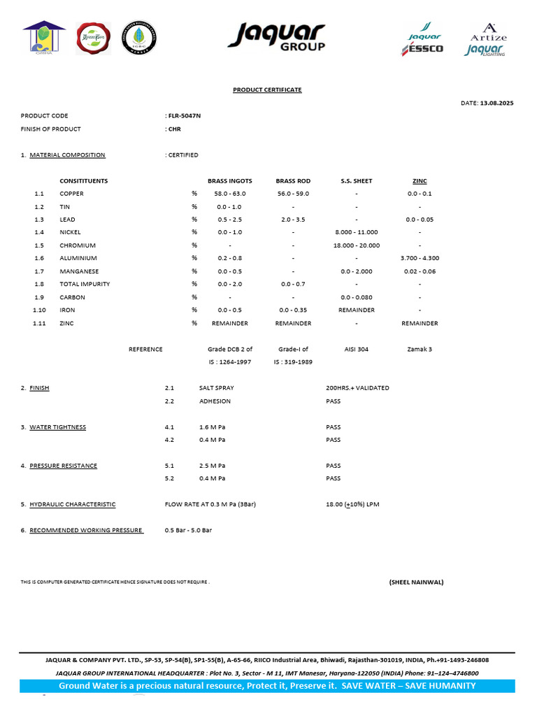 Bib Cock - Product Certificate - U1 - Prashant Kumar Jha | PDF | Brass | Atoms