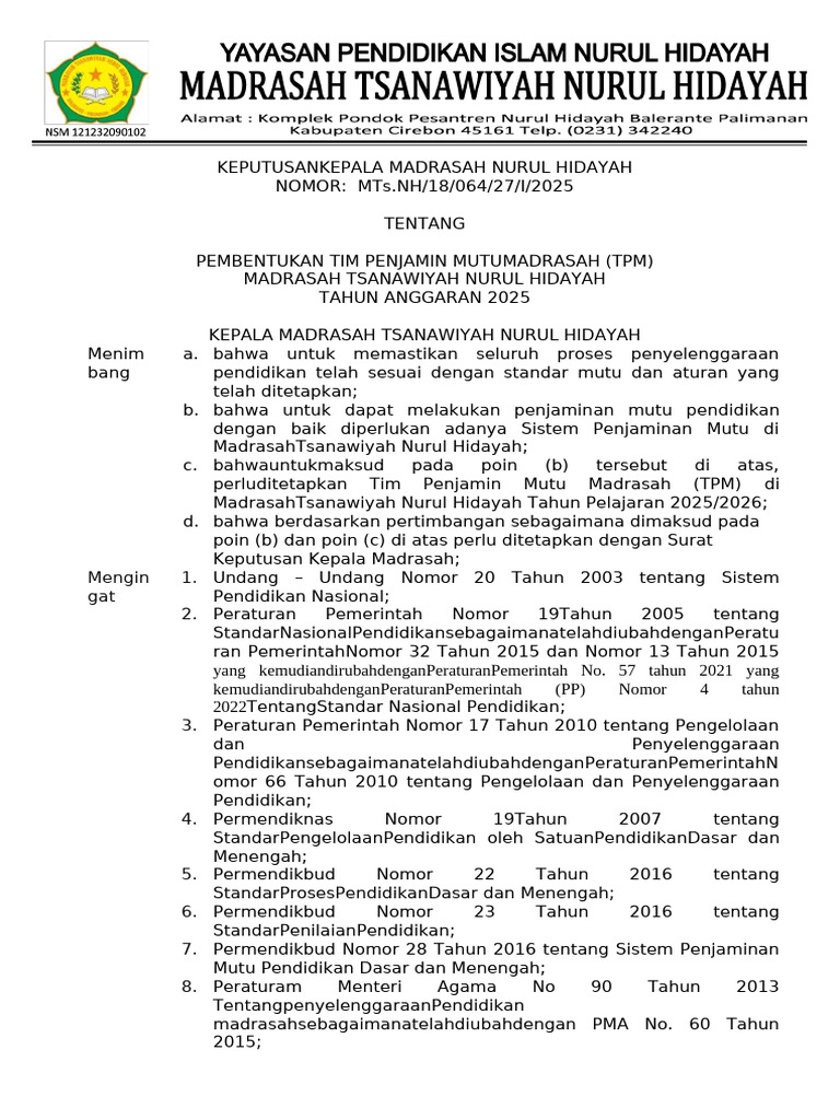 SK Pembentukan TPM Madrasah 2025 | PDF