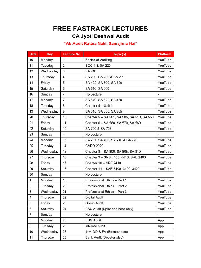 Free Auditing Lectures Schedule | PDF