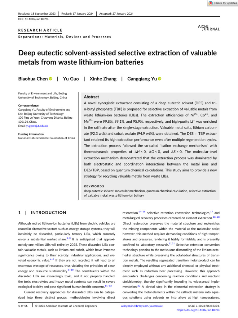 AIChE Journal - 2024 - Chen - Deep Eutectic Solvent Assisted Selective Extraction of Valuable ...