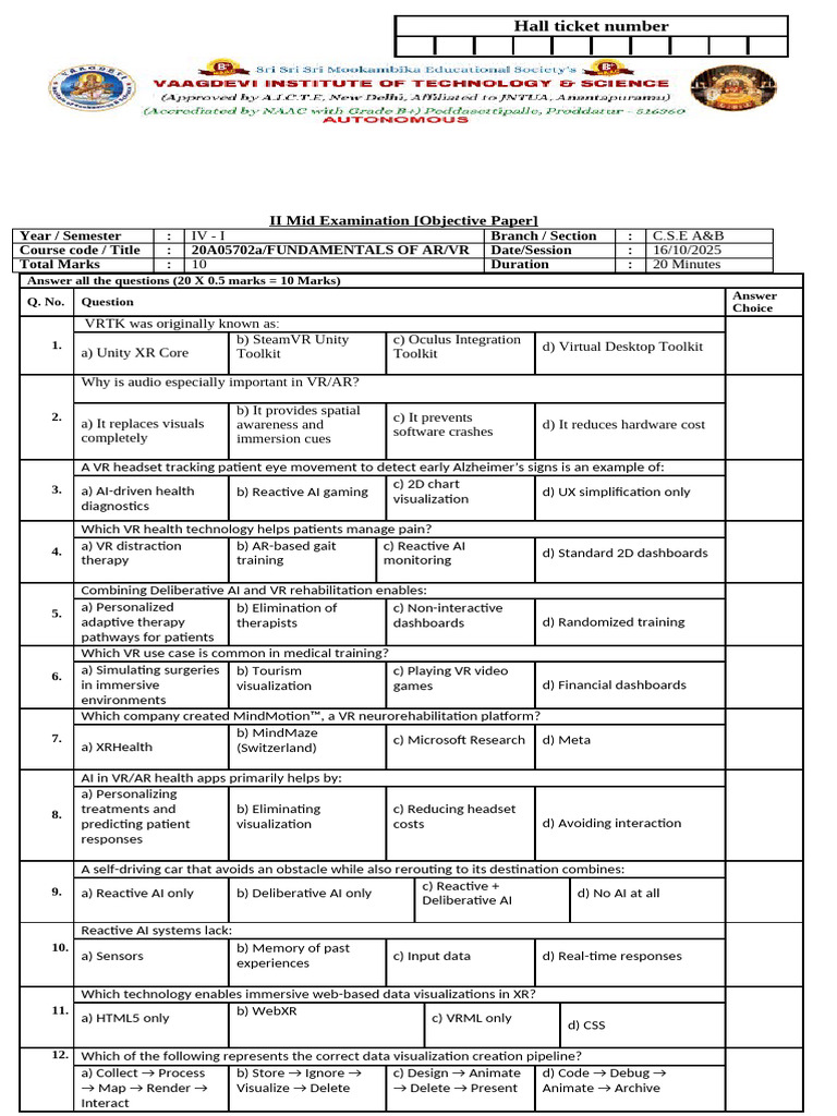 MID-II Question Paper Objective AR VR | PDF | Virtual Reality | Augmented Reality