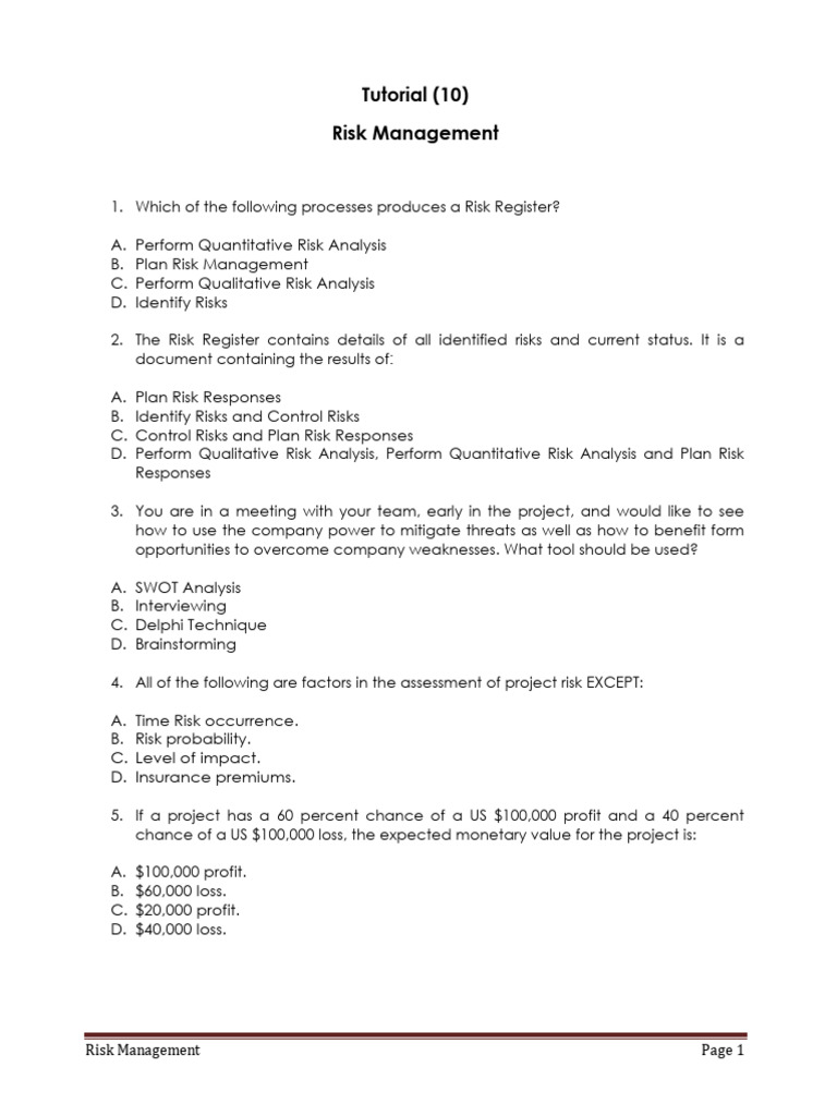 10 - Risk Management - Questions | PDF | Risk | Risk Management