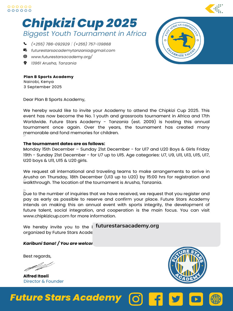 Chipkizi Cup 2025 Invitation Letter - Plan B Sports Academy | PDF