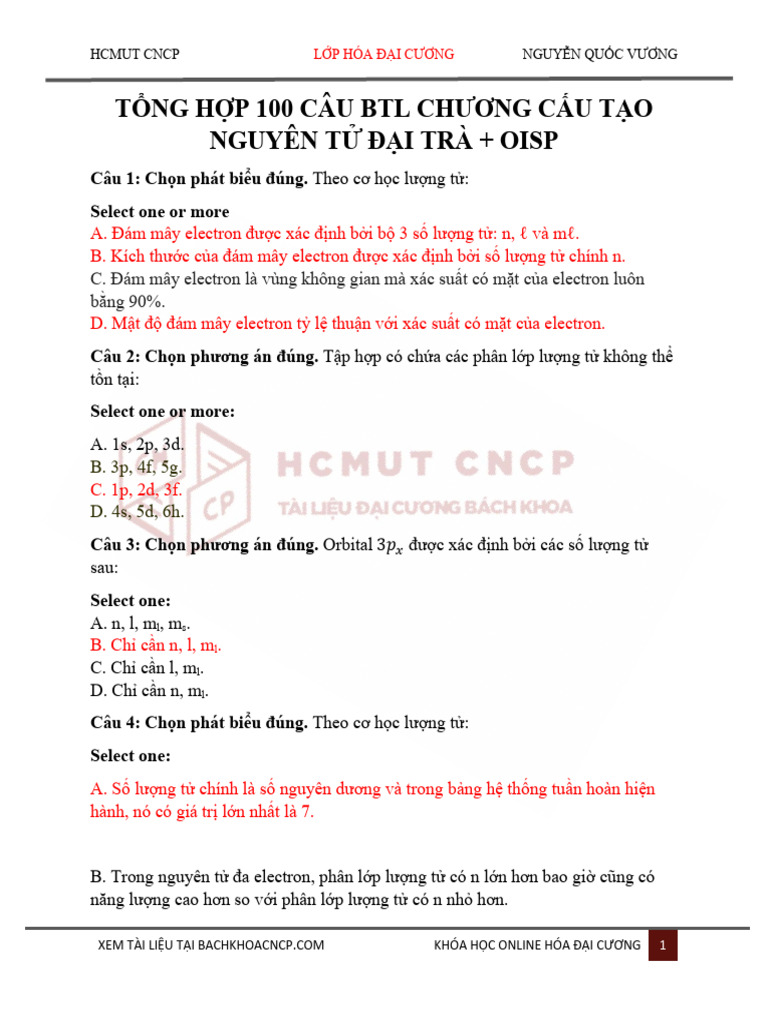 Đáp Án Tổng Hợp 100 Câu Btl Chương Cấu Tạo Nguyên Tử (1) | PDF