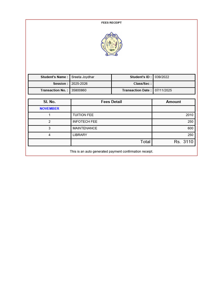 Auxilium Convent School, Kalyani, WB: Sl. No. Fees Detail Amount | PDF