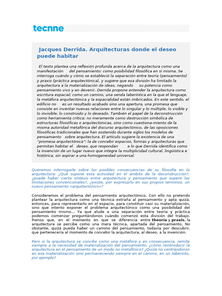 Deconstrucción y arquitectura en Derrida | PDF | Pensamiento ...