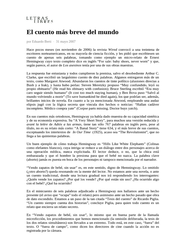 El cuento más breve: Hemingway y su legado | PDF | Cuentos | Teoría ...