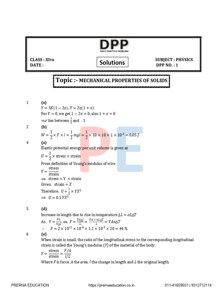 Mechanical Properties of Solids DPP | PDF | Physical Sciences | Applied ...