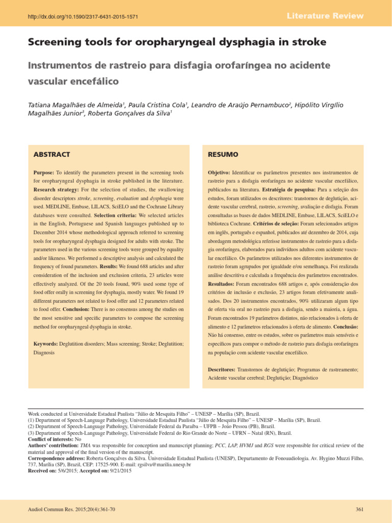 Screening Tools For Oropharyngeal Dysphagia in Stroke | PDF ...