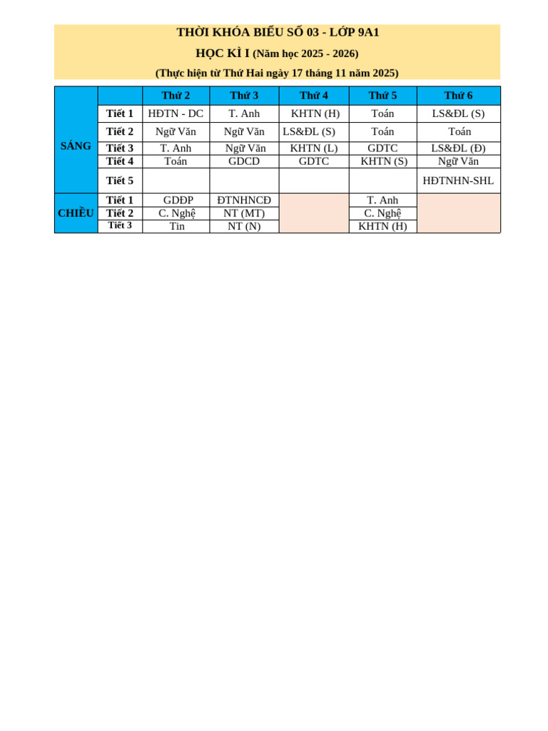 TKB SỐ 3- 9A1 - từ 17.11.2025 | PDF