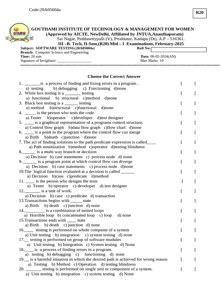 Software Testing Mid Exam Paper 2025 | PDF | Control Flow | Unit Testing