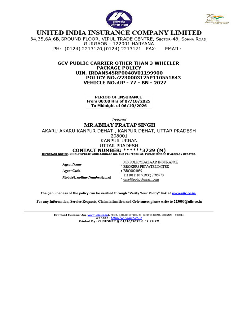 United India GCV Insurance Policy Details | PDF | Indemnity | Insurance