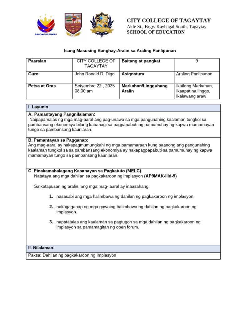 Lesson Plan Implasyon 043923 (1) | PDF