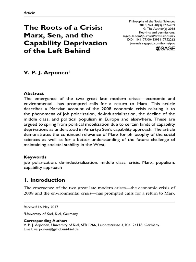 The Roots of A Crisis: Marx, Sen, and The Capability Deprivation of The ...