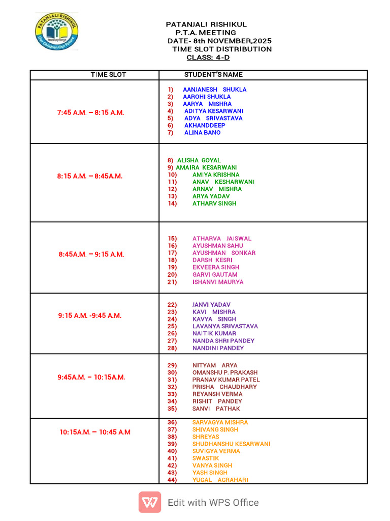 Class 4d Pta Time Slot | PDF