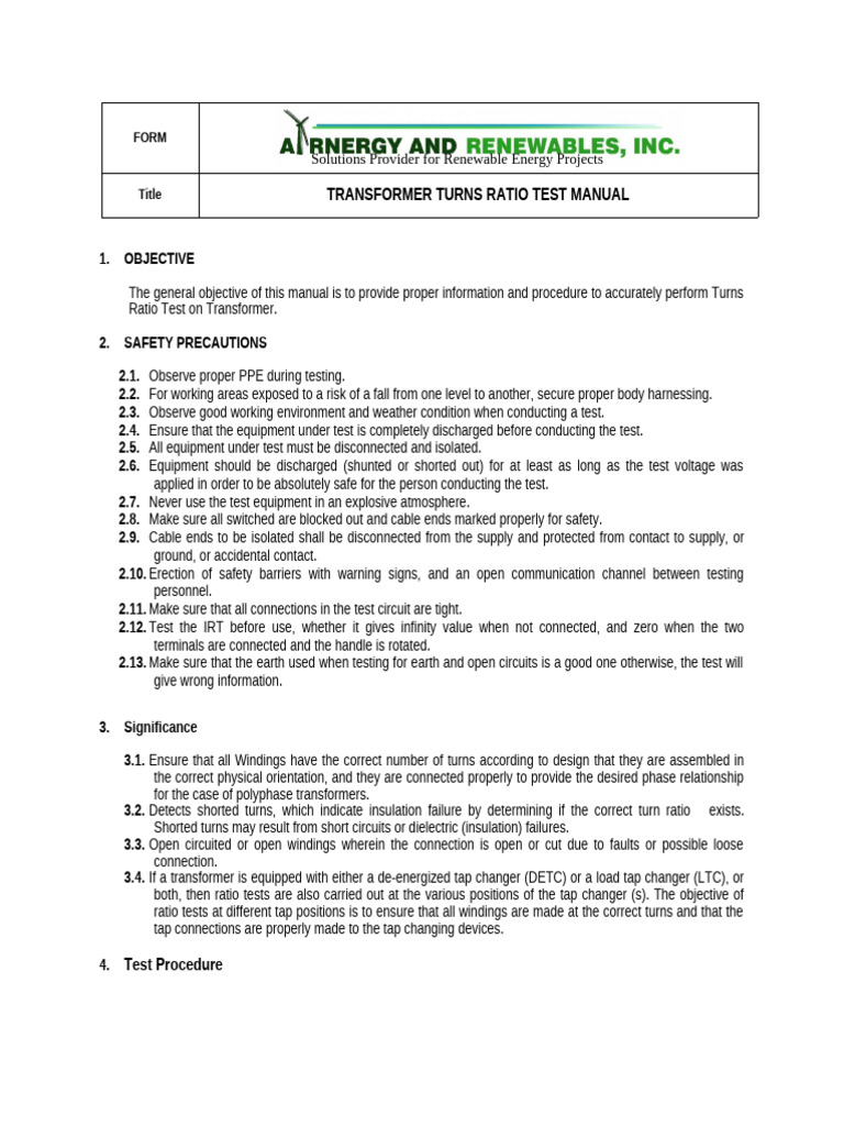 A. Transformer Turns Ratio Test | PDF | Transformer | Electrical Components