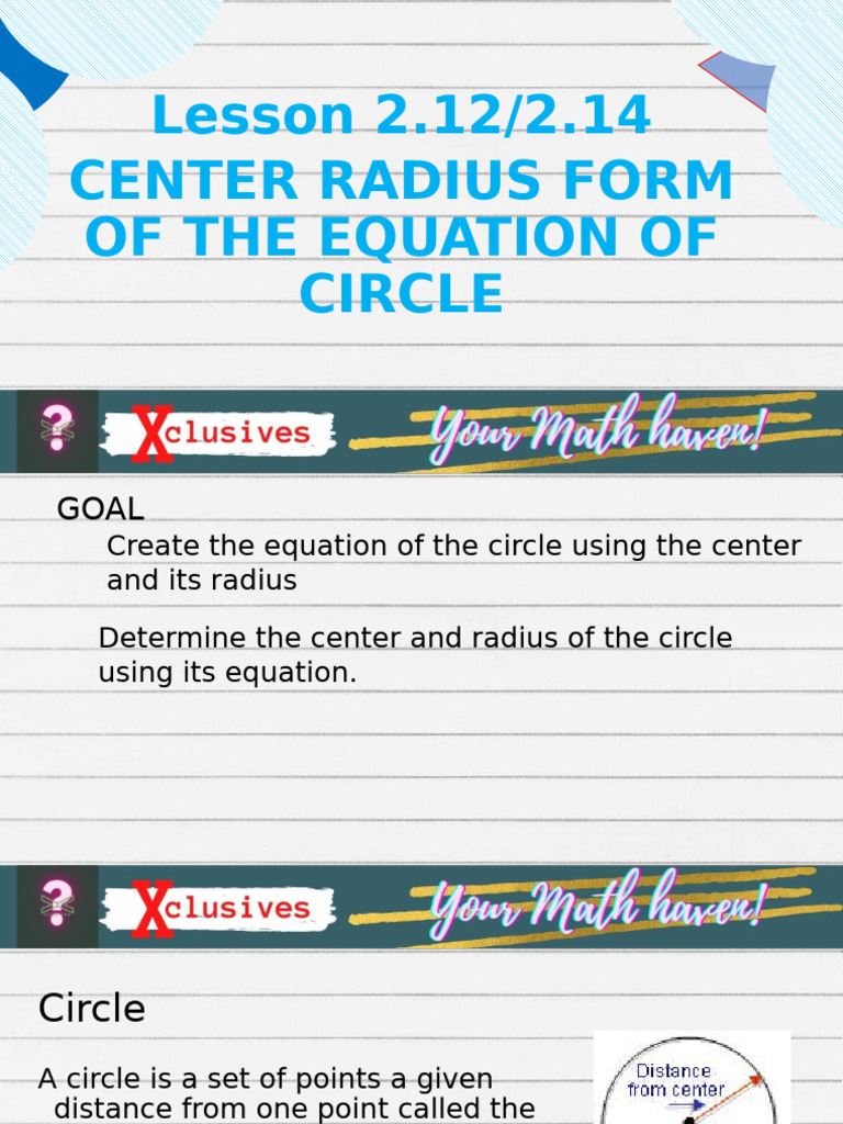 2.12and 2.14 Center Radius Form of The Equation of Circle | PDF ...