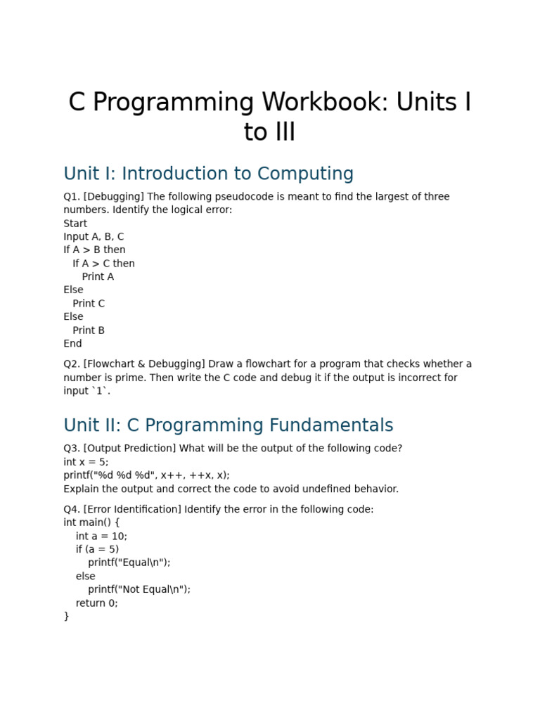 C Programming Workbook Units1to3 | PDF