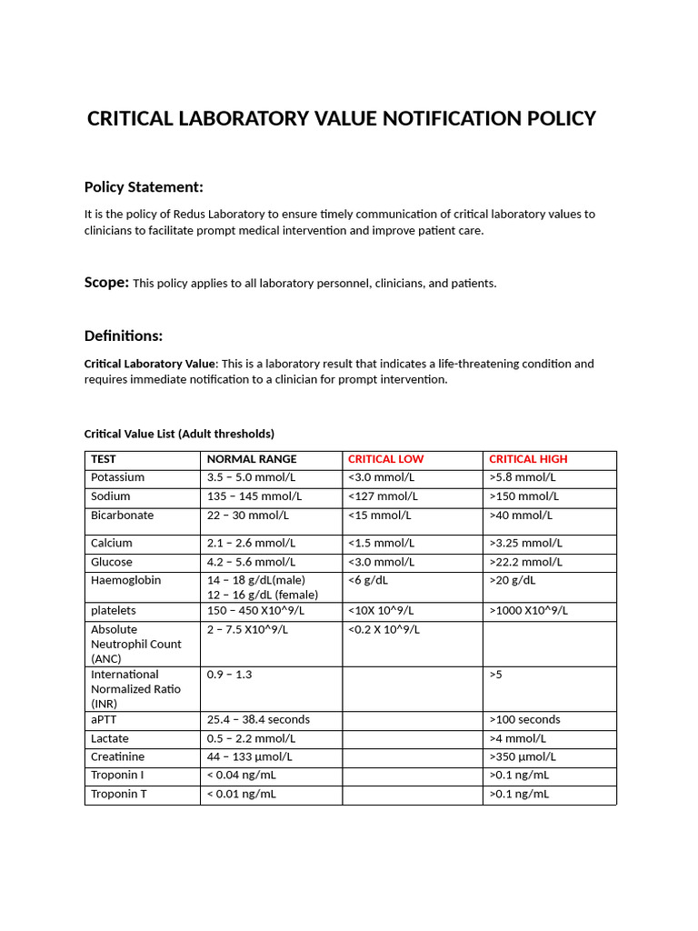 Critical Laboratory Value Notification Policy | PDF | Medical ...
