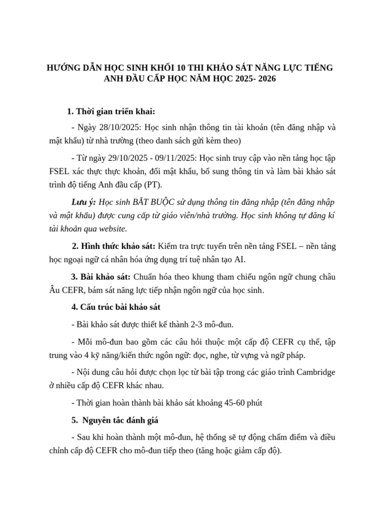 Hướng Dẫn Học Sinh Khối 10 Thi Khảo Sát Năng Lực Tiếng Anh Đầu Cấp Học Năm Học 2025 | PDF