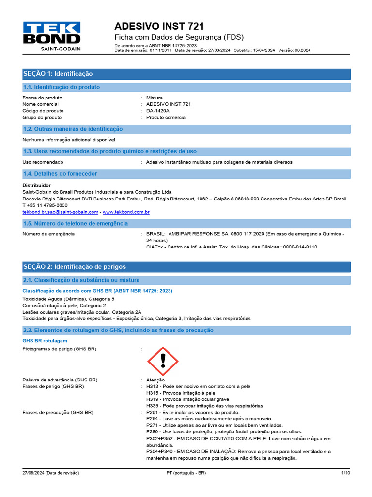 colainstantânea721-fds | PDF | Dióxido de carbono | Primeiros socorros