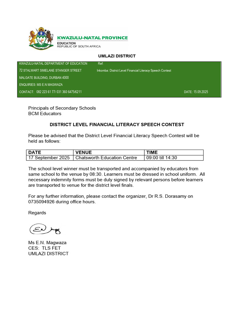 District Level Financial Literacy Speech Contest | PDF