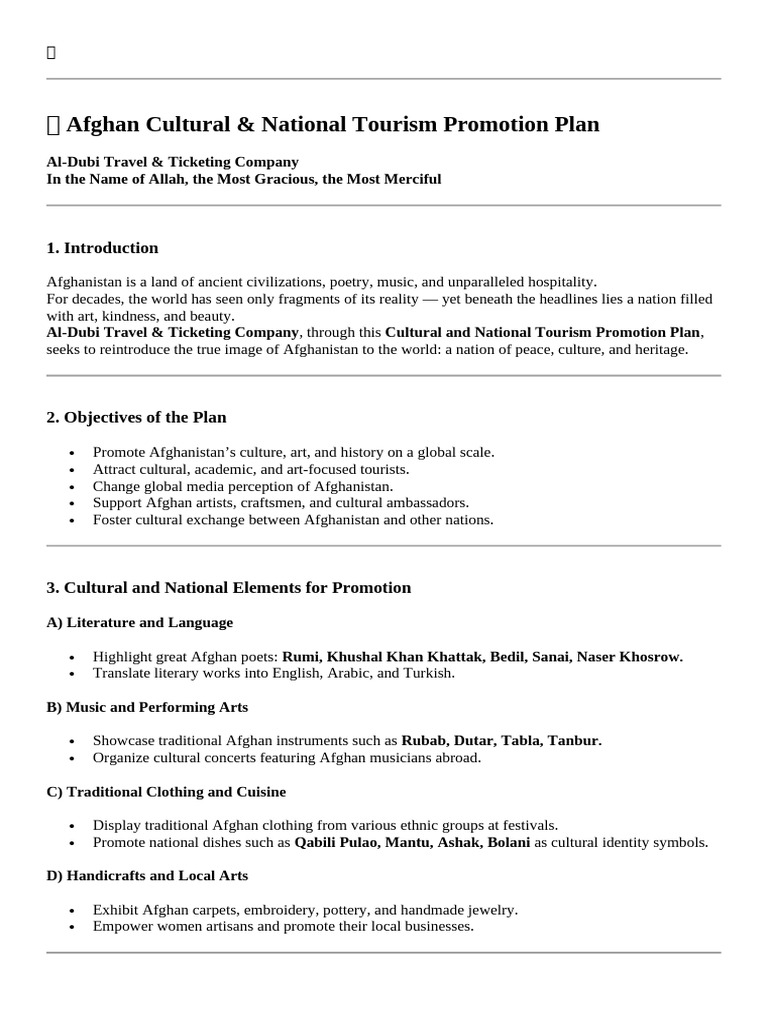 Afghan Cultural & National Tourism Promotion Plan | PDF | Afghanistan