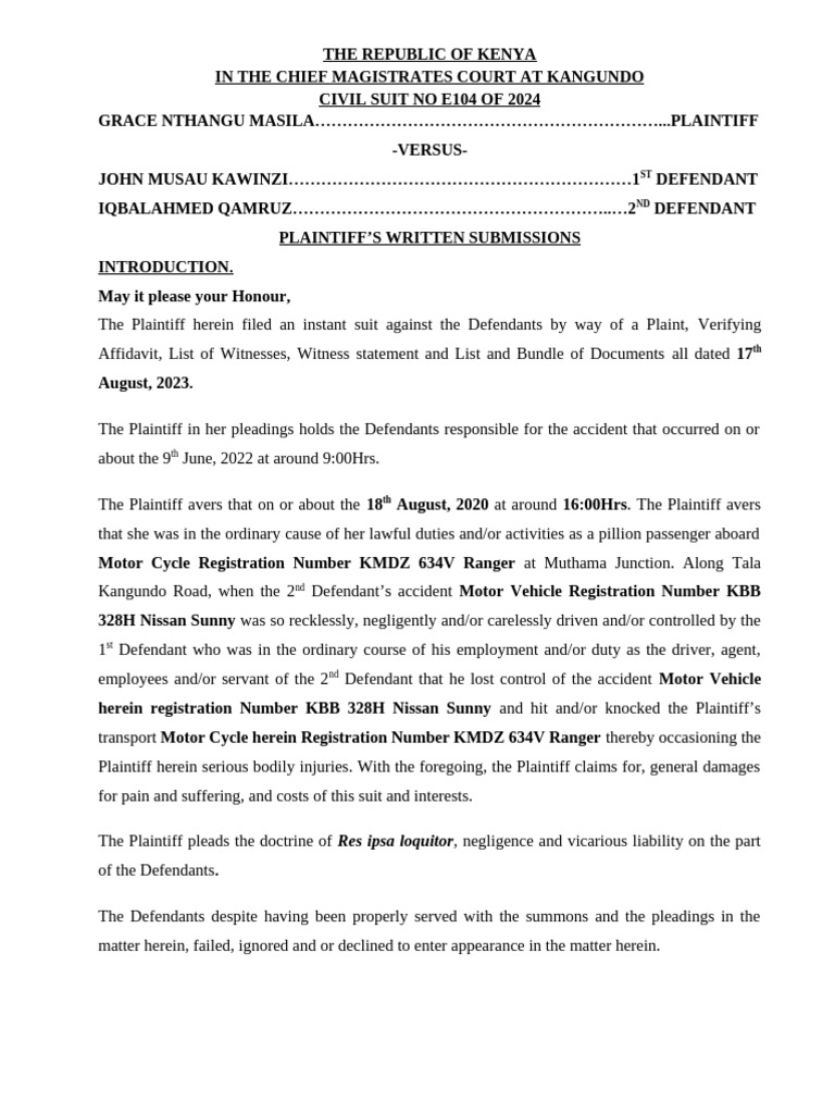 Grace Nthangu Masila-Submissions | PDF | Burden Of Proof (Law) | Damages