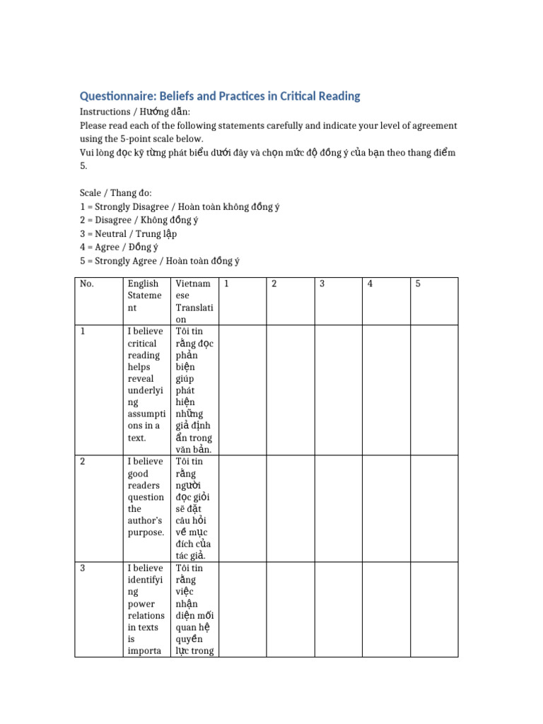 Bilingual Critical Reading Questionnaire | PDF